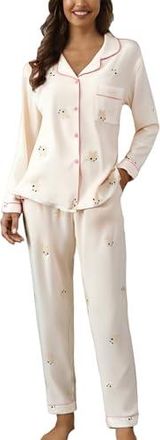 Generic Ensemble de pyjama mignon 2 pièces pour femme, joli imprimé graphique, manches longues, chemise à revers boutonnée et pantalon à jambe large, ensemble