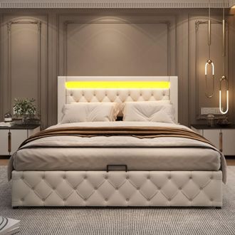 Liberte Lit coffre capitonn&eacute; 160x200 cm PU blanc avec sommier &agrave; lattes, LED et rangement hydraulique