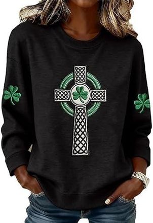 Generic Sweat-shirt vintage pour femme avec imprim&eacute; de la Saint-Patrick et noeud celtique, Noir, 3XL