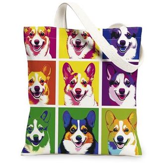 Generic Sac fourre-tout en toile Pop Art Corgi pour faire du shopping, 33 x 38,1 cm, motif chiot abstrait amusant et amusant, sac d&eacute;picerie r&eacute;utilisable pour 