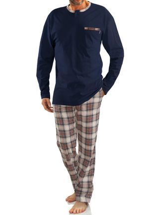 Sesto Senso Herren Schlafanzug Lang Baumwolle Pyjama Langarm Shirt mit Tasche Pyjamahose Zweiteilig Set Bunt Nachtw&auml;sche XXL 2576/26 Dunkel Blau