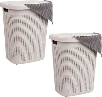 Mind Reader Schlanker W&auml;schekorb, 50 l, 2er-Set, W&auml;schekorb, Deckel, Weiden-Design, Kunststoff, 45 cm L x 34 cm B x 53 cm H, Elfenbeinfarben