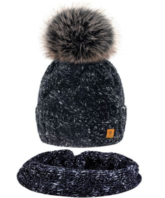 morefaz Set M&uuml;tze & Schal Winter Damen Alpaka Wolle Beanie Strickm&uuml;tze Wurm Fleece Bommel Pom Pom (Black Set Hat&Scarf)