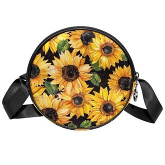 Generic Sac &agrave; bandouli&egrave;re rond pour femme, petit sac &agrave; bandouli&egrave;re r&eacute;tro jaune tournesols avec fermeture &eacute;clair, bretelles r&eacute;glables, sac &agrave; main rond d&eacute;contra