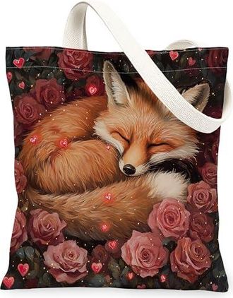 Generic Sac fourre-tout en toile motif renards 33 x 38 cm, sac d&eacute;picerie r&eacute;utilisable pour femme, motif animal de voyage, d&eacute;coration cadeau