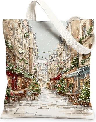 Generic Sac fourre-tout en toile motif paysage urbain de vacances r&eacute;utilisable, vintage, l&eacute;ger, lavable, multicolore, 13x15 Inch