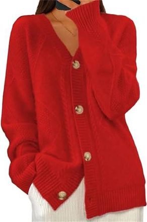 Generic Pull &agrave; col en V pour femme - Style d&eacute;contract&eacute; et polyvalent - Coupe-vent - Manches longues, Rouge, Taille XS