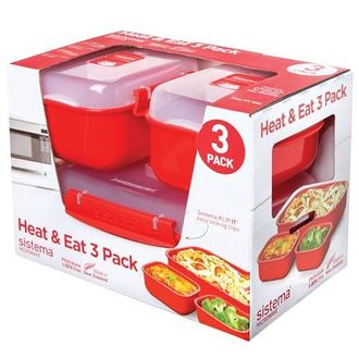 Sistema Heat & Eat R&eacute;cipients micro-ondes - Bo&icirc;tes &agrave; repas empilables avec couvercles &eacute;tanches &agrave; fermeture par clip - Rouge/Transparent - Lot de 3