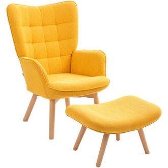 HOMCOM Sessel mit Hocker, Ohrensessel mit Hoher R&uuml;ckenlehne, Holzbeine, Loungesessel mit getuftetem Design, Cord-Optik, f&uuml;r Wohnzimmer, Braun - Homcom
