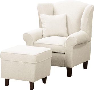 Maison Belfort home24 Ohrensessel Weiß Bouclé Stoff Nola mit Hocker 80 x 95 x 78cm