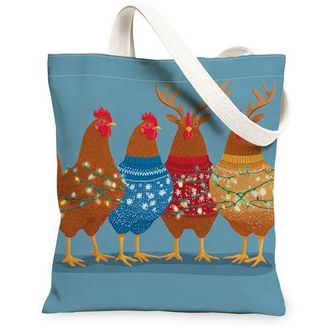 Generic Sacs fourre-tout en toile avec motif de poules de No&euml;l, sacs d&eacute;picerie r&eacute;utilisables, r&eacute;tro l&eacute;gers, lavables pour voyage, plage, bleu, 13x15 Inch