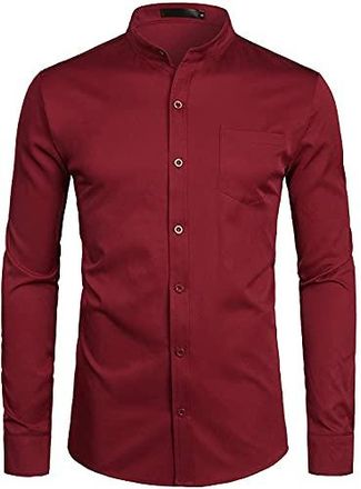 PARKLEES Chemise habill&eacute;e &eacute;l&eacute;gante &agrave; col grand-p&egrave;re pour homme, coupe slim, manches longues, boutonnage avec poche, bordeaux, L