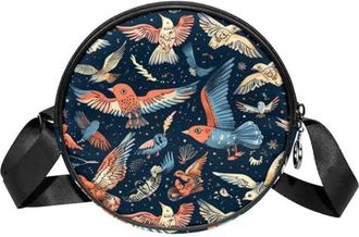 Generic Sac &agrave; bandouli&egrave;re rond pour femme, imprim&eacute; oiseaux volants, sac &agrave; dos &agrave; bandouli&egrave;re avec fermeture &eacute;clair, bretelles r&eacute;glables, sac &agrave; main rond d&eacute;cont