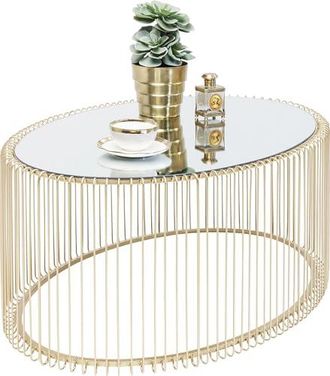 Kare Design Design Couchtisch Wire Uno, Brass, Wohnzimmertisch, Beistelltisch, Stahlgestell, Glas Tischplatte, oval, 41x90x60 cm (H/B/T)