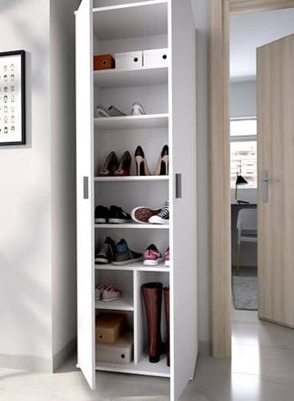 Dmora Armoire polyvalente à 2 portes Suretta, Meuble de rangement multifonctionnel, Armoire à chaussures, 61x35h190 cm, Blanc