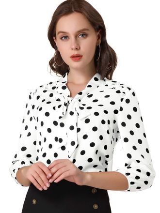Allegra K Damen 3/4 &Auml;rmel Schluppenbluse Schleife Retro Oberteil Polka Dots R&uuml;schen Elegant Top Wei&szlig; XS