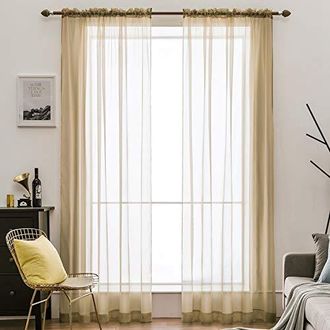 Miulee 2 Panneaux Couleur Pure Rideaux De Fen&ecirc;tre Transparents Lisse &Eacute;l&eacute;gant Panneaux Voile De Fen&ecirc;tre/Rideaux/Traitement pour Chambre Salon Marron Clair 140