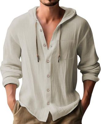 Generic Chemise en lin pour homme - Chemise longue en lin pour homme - Col en V blanc - Polo de plage en coton blanc pour la plage - Coupe r&eacute;guli&egrave;re - Chemise