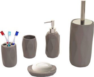 Mendler 5-teiliges Badset HWC-H88AM, WC-Garnitur Badezimmerset Badaccessoires, Keramik - grau