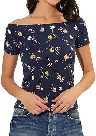 Allegra K Tops Courts pour Femmes à Manches Courtes et à épaules dénudées Bleu Marin M