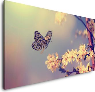 Paul Sinus Art Schmetterlinge auf Ast 120x 60cm Panorama Leinwand Bild XXL Format Wandbilder Wohnzimmer Wohnung Deko Kunstdrucke