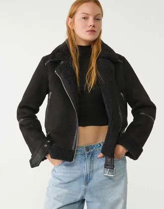 Stradivarius Blouson style motard imitation daim - Noir