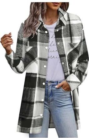 Generic 2026 Vestes pour femmes &agrave; col de chemise &agrave; carreaux surdimensionn&eacute; Trench Coat &agrave; manches longues Veste &agrave; &eacute;paules tombantes, Noir, XXL