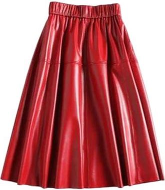 Generic Jupe pliss&eacute;e en cuir de mouton pour femme - Taille &eacute;lastique, Rouge, XL