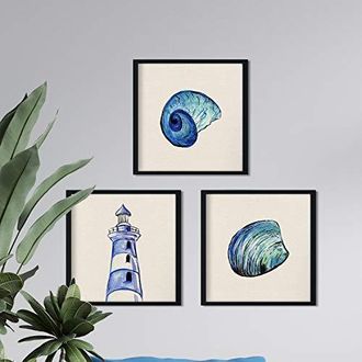 Nacnic Pack de 3 photos pour encadrer LA MER BLEUE. Affiches avec des images de la mer. Coquille, phare et conque. D&eacute;coration dint&eacute;rieur. Papier de haute qua