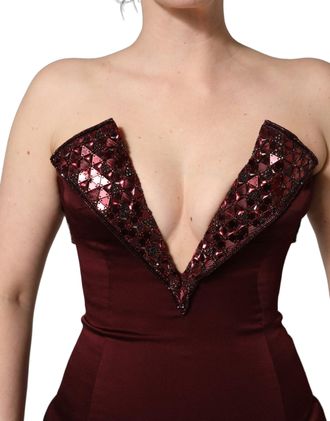 Dolce & Gabbana Womens Beaded V-Neck Satin Evening Gown Maroon Acetate Viscose Glass