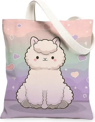 Generic Sacs fourre-tout en toile dalpaga, motif animal mignon, sacs d&eacute;picerie, sacs d&eacute;picerie r&eacute;utilisables, l&eacute;gers et lavables, en toile pour T, pastel, 13x