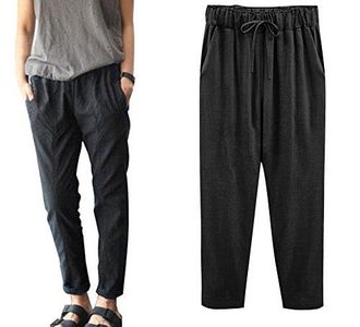 Minetom Pantacourt Femme Été Causal Coton Lin Ample Pantalon Fluide Confortable 7/8 Longueur Léger Cordon Élastique Sport Yoga Pants A Noir EU X-Large