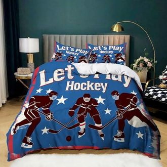 Generic Bleu Parure de Lit 90 x 190 athl&egrave;te de Hockey sur Glace Housse de Couette Imprim&eacute; Microfibre Confortable Ensemble de Literie avec Fermeture &Eacute;clair et 