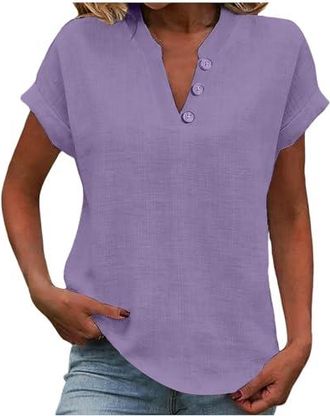 Generic T-shirts en lin pour femme - T-shirt d&eacute;t&eacute; &agrave; manches courtes - Coupe ample - T-shirt d&eacute;contract&eacute; - T-shirt surdimensionn&eacute; pour femme - Chemisier de f&ecirc;t