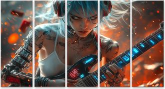 Islandburner Bild auf Leinwand Cyberpunk Rockerin in Aktion mit leuchtender Gitarre und futuristischen Details Bilder Wandbilder Poster