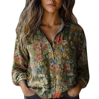 Generico Chemise Femme Curvy Manches Longues T Shirt Coton Et Lin D&eacute;contract&eacute; Respirant Chemisier Col en V Classique Blouse Vintage Imprim&eacute; avec Boutons L&eacute;ger 