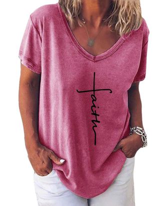 Minetom Damen Sommer Kurzarm Blusen T-Shirt V-Ausschnitte Loose Oversize Shirt Einfarbig Casual Brief Bedruckt Asymmetrisch Oberteile Top F Rosa 42