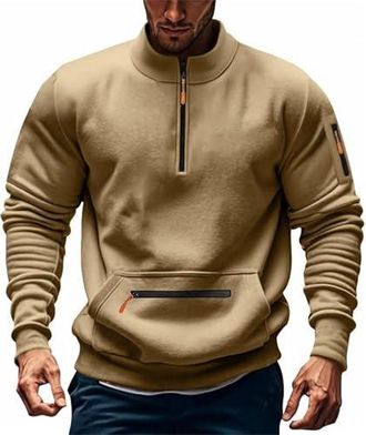 Generic Sweat &agrave; capuche en polaire pour homme hiver 2025 avec col montant, demi-fermeture &eacute;clair et plusieurs poches, kaki, 5XL
