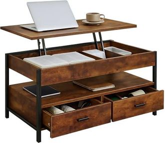 Relaxdays Couchtisch, aufklappbar, 2 Schubladen, 4 F&auml;cher, HBT 48-63 x 100 x 50 cm, Industrial Sofatisch, braun/schwarz