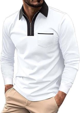 Generic Chemise &agrave; manches longues en soie dautomne d&eacute;contract&eacute;e &agrave; manches longues avec fermeture &eacute;clair de couleur unie et col en V profond pour homme, blanc,