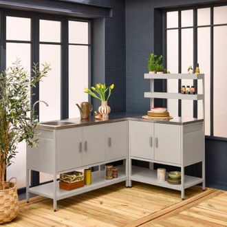Sweeek Cuisine ext&eacute;rieure 3 modules en acier inoxydable beige