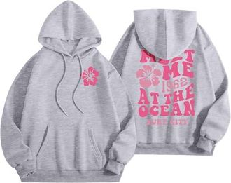 Generic Pink Palm Puff Sweat &agrave; capuche pour femme avec imprim&eacute; arri&egrave;re Sweat &agrave; capuche d&eacute;contract&eacute; V&ecirc;tements Preppy Clothes Sweat &agrave; capuche surdimensionn&eacute; Hau