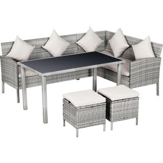 OUTSUNNY Salon de jardin 6 pers. grand confort canap&eacute; dangle + 2 poufs + table &agrave; manger 9 coussins assise & dossier fournis r&eacute;sine tress&eacute;e grise