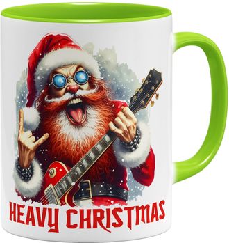 OM3 Heavy Christmas Kaffee-Tasse Lustige Weihnachtstasse f&uuml;r Rocker & Heavy Metal Fans - Santa mit Teufelsgru&szlig; - Keramik Becher - 325ml - Beidseitig Bedru