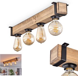 HOFSTEIN Deckenleuchte Montgomery, moderne Deckenlampe aus Metall/Holz in Schwarz/Natur, Leuchte im Industrial-Style, Retro/Vintage-Leuchte 4-flammig mit Holzb