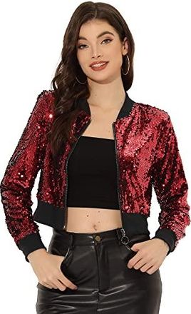 Allegra K Blouson Femme &agrave; Paillettes Veste Court Zipp&eacute; Cardigan &agrave; Sequin Bomber de F&ecirc;te Noir rouge L