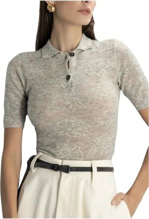 Brunello Cucinelli Femme, Tops, Beige, Taille: 36 FR Polo col chemise en maille &agrave; intarsia florale