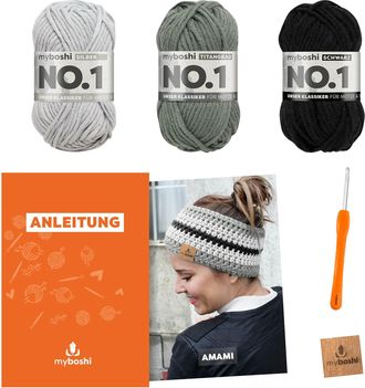myboshi Häkelset Stirnband Amami, inkl. No.1 Wolle, Nadel und Anleitung, für Mützen und Stirnbänder, Häkelpaket, 30% Merinowolle Grau, mit Häkelnadel