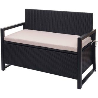 Hhg [NEUWERTIG] Poly-Rattan 2er Sitzbank HHG-564, Gartenbank Truhenbank, Staufach Aufbewahrung Sitzkissen anthrazit, Kissen beige