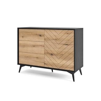 Selsey Boulia - Sideboard mit 3 Schubladen, Schwarz mit Fischgr&auml;tfronten in Eiche, 104 cm